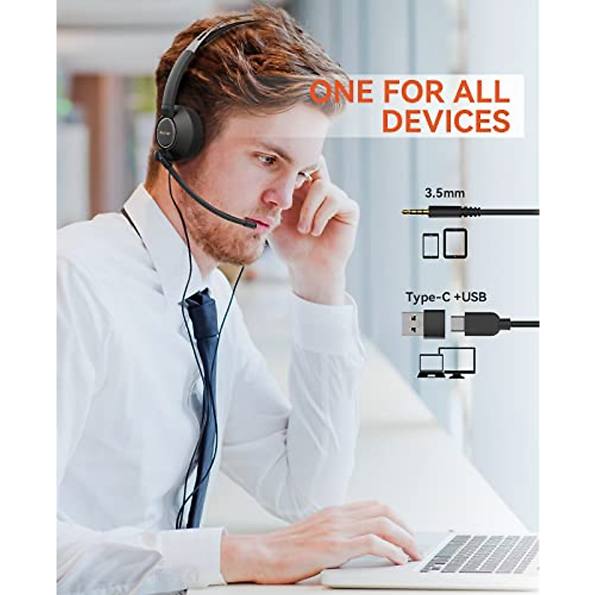NUROUM Single Ear Computer Headset with Microphone,Wired AI Noice Cancelling Headset with USB in-line Control,USB/Type-C/3.5mm Jack for Calling/Gaming/Conference/Music