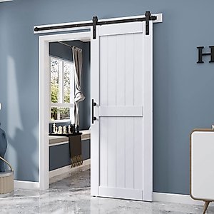 EaseLife 30in x 84in Sliding Barn Door with 5.5FT Barn Door Hardware Track Kit Included,Solid LVL Wood Slab Covered with Water-Proof & Scratch-Resistant PVC Surface,DIY Assembly,Easy Install,White