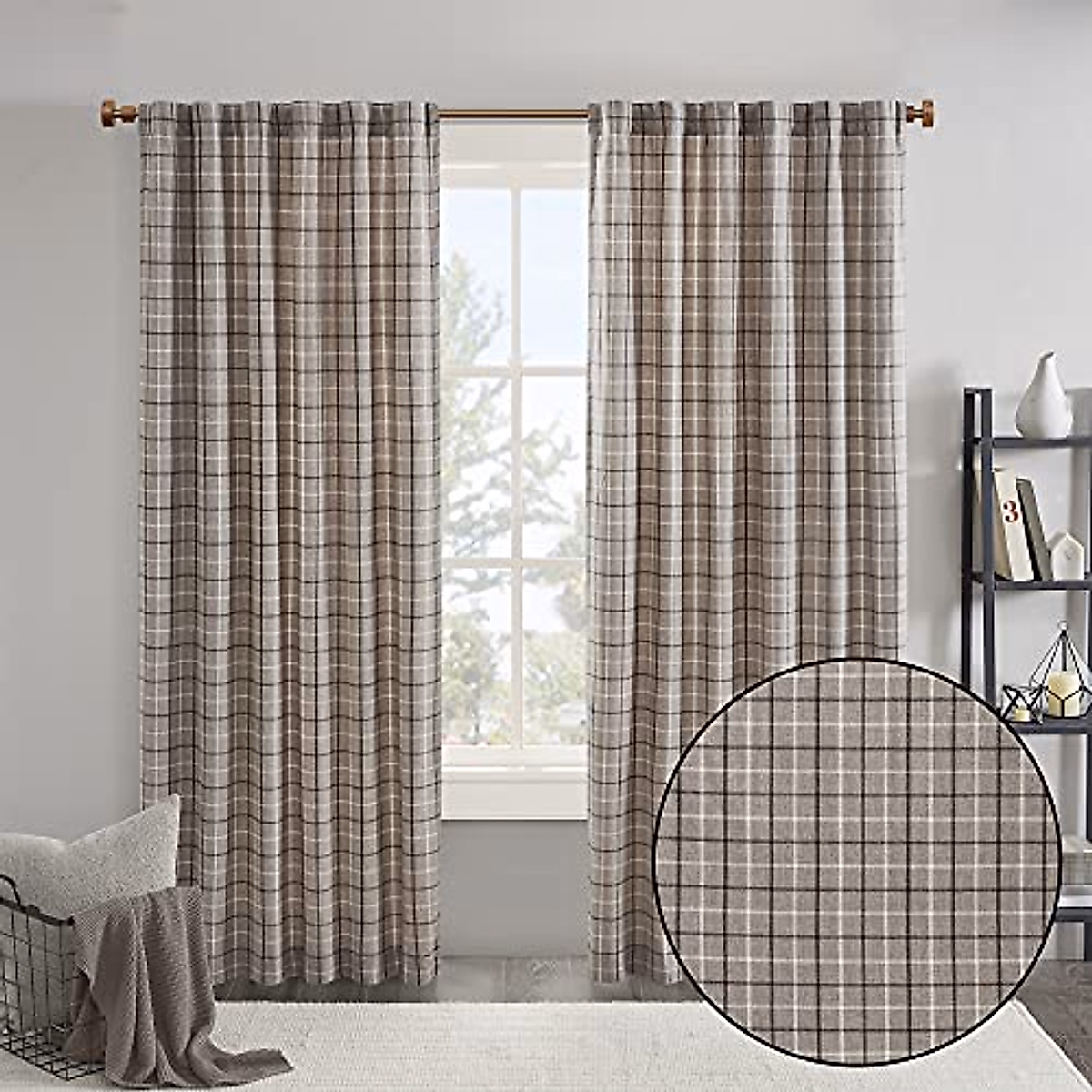 Madison Park Anaheim Cabin Plaid Curtain Window, Thermal Insulated Fleece Lining, Living Room Decor Light Blocking Drape for Bedroom, 1-Single Panel Pack, 50" x 95", Rod Pocket, Brown