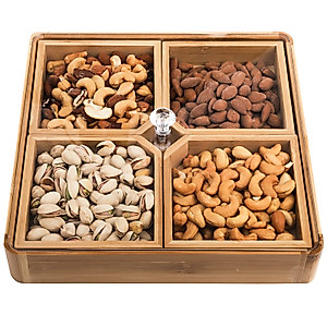 WUWEOT Bamboo Nut and Candy Serving Tray, Party Appetizer Platter Veggie Dish, Candy Bowl with Acrylic Lid & Removable Dividers for Party, Taco Dip Parties Platters & Chip Bowls