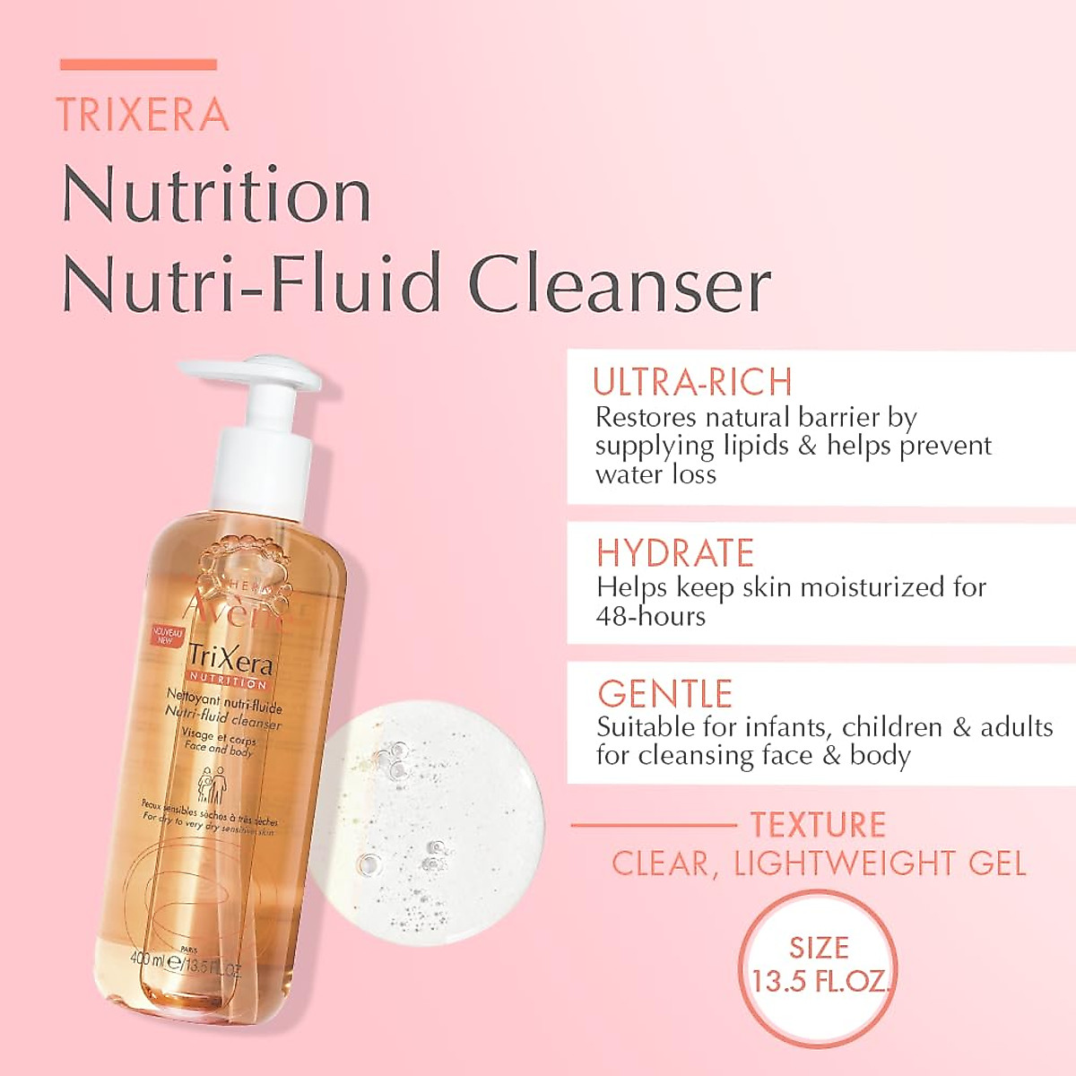 Eau Thermale Avene Trixera Nutrition Nutri-Fluid Cleanser, Soap-Free, Biodegradable, Pump, 13.5 oz.