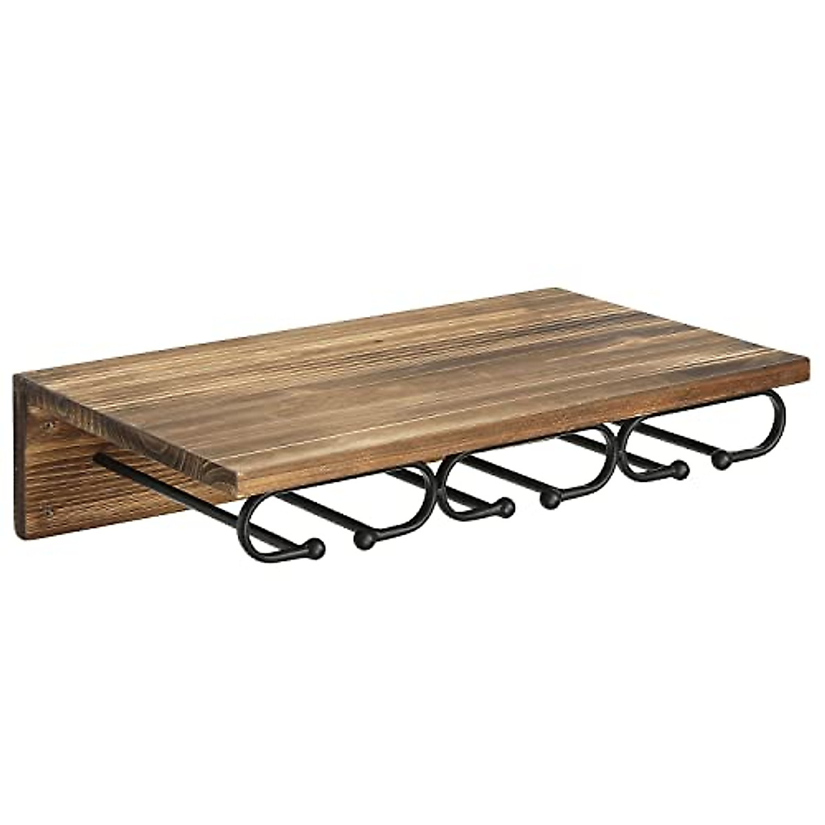 MyGift Wall Mounted Rustic Burnt Solid Wood Wine Glass Holder with Top Display Shelf, Wine Bottle Display Shelf with Black Metal Stemware Hanging Rack