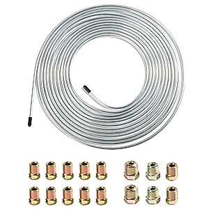 YAKEFLY 25 Ft Flexible Tube Line Roll,1/4" Brake Line Tubing Kit,Copper Coated Alloy Brake Line Tubing Coil with 16 Inverted Flare Fittings,Fuel Line Coil(Silver)