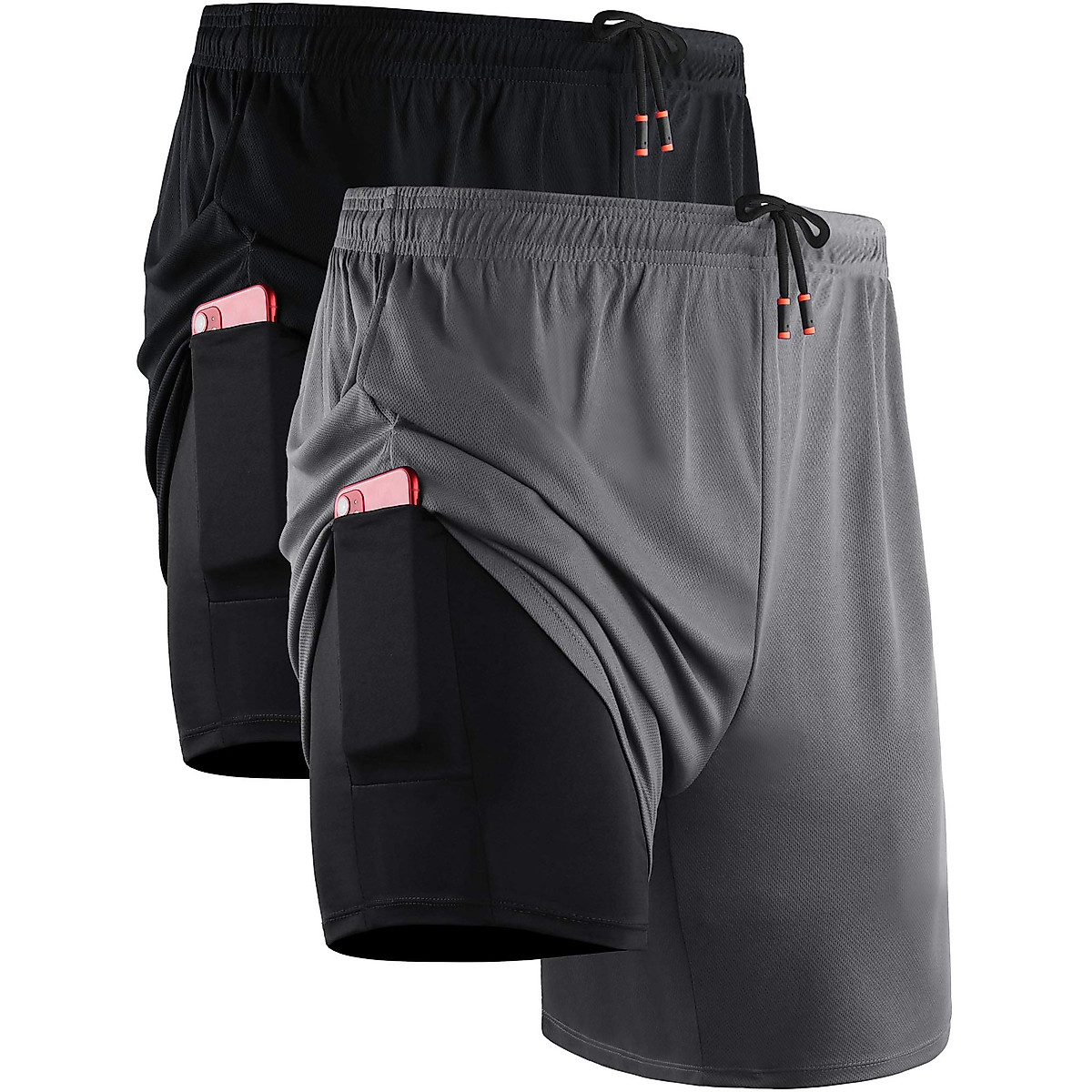 NELEUS Men's 2 in 1 Running Shorts with Liner,Dry Fit Workout Shorts with Pockets,6070,2 Pack,Black/Grey,US M,EU L