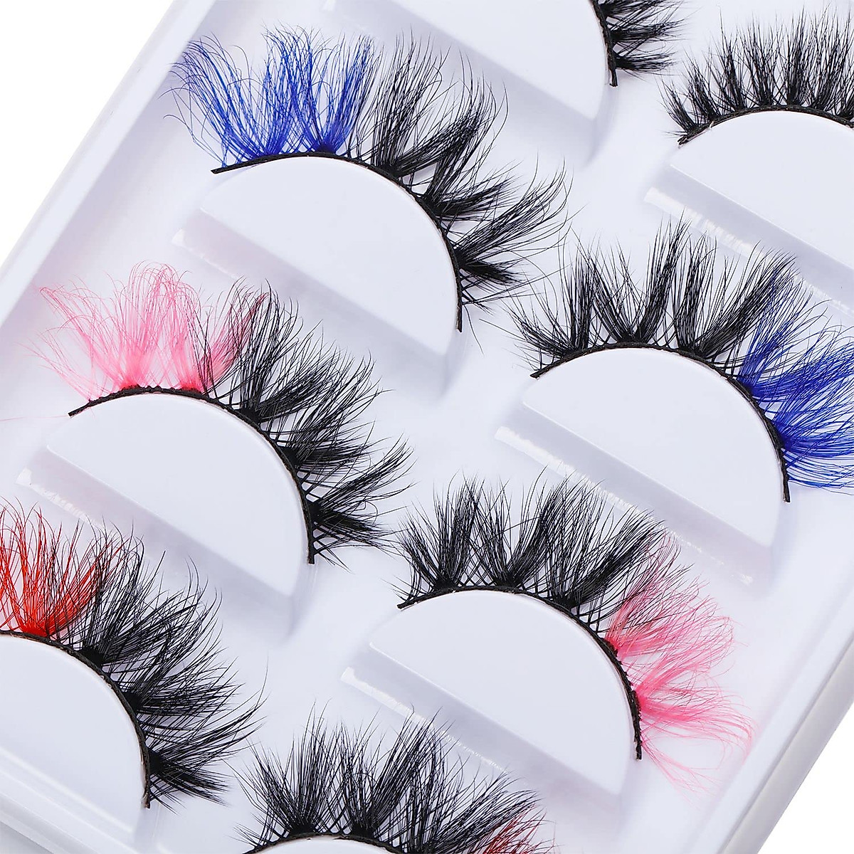 gootrades 2023 5 Pairs Colored False Eyelashes Pack, 3D Fluffy Faux Mink Color Eye Lashes Strip Wipsy Multicolored Two-Toned Fake Lashes for Daily Christmas Cosplay, Red/Pink/Blue/Green/Purple Lashes on the End