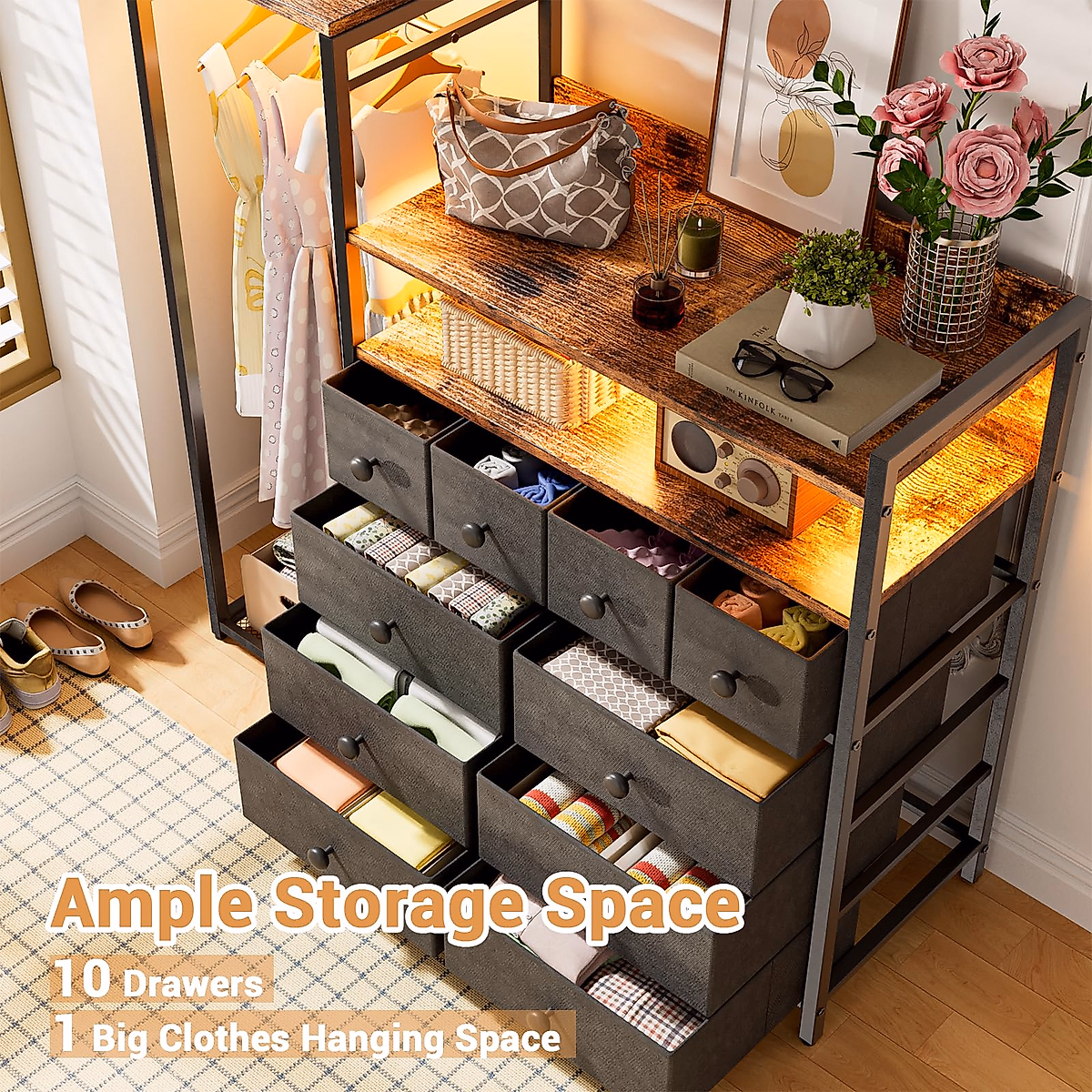 HPWLYO 10 Drawers LED Dresser for Bedroom, Black Fabric Dresser with Clothes Rack, Tall Storage Chest of Drawers, Dressers & Chests of Drawers, Wooden Top, Bedroom, Closet