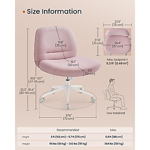 SONGMICS HOME Criss Cross Chair with Wheels, Armless Cross Legged Office Desk Chair, Wide Comfortable Adjustable Swivel Vanity Chair for Home Office, Cotton-Linen Fabric, Jelly Pink UOBG047R03