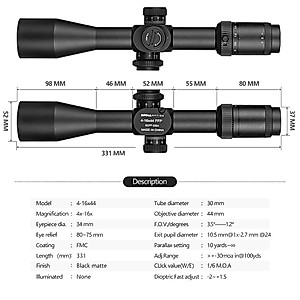 SPINA OPTICS 4-16X44 Rifle Scope First Focal Plane FFP Hunting 4-16 Riflescopes with 20mm Scope Rings,Throw Lever,Lens Cover