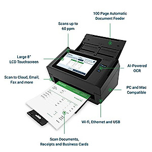 Raven Pro Document Scanner - Huge Touchscreen, High Speed Color Duplex Feeder (ADF), Wireless Scan to Cloud, WiFi, Ethernet, USB, Home or Office Desktop