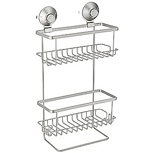iDesign Everett Metal Push Lock Suction Shower Caddy, Bath Organizer Holds Shampoo, Razors , Conditioner, Soap, 9.1" x 4.53" x 3.63", Satin