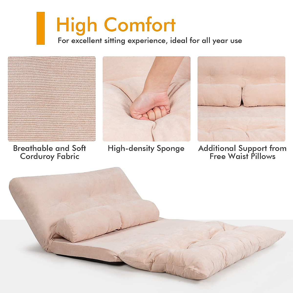 COSTWAY Convertible Floor Sofa Couch with 2 Waist Pillows, Folding 6-Position Adjustable Loveseat with Corduroy Fabric, Metal Frame, Upholstered Floor Couch Lounge for Reading Playing Gaming (Brown)