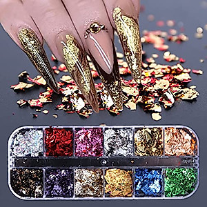 SONGJIE 24 Grid Holographic Nail Art Foil Flakes, 3D Glitter Decoration Holographic Aluminum Nail Foil Flakes Stickers DIY Design Accessories Nail Art Supplies Women Gold Nail Decals Nail Sequins