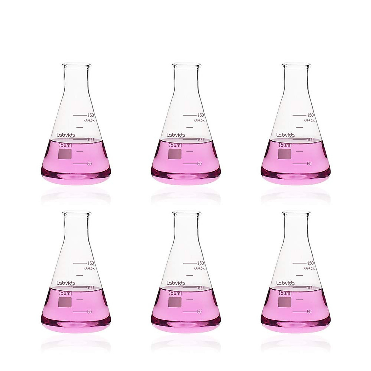 Labvida 6pcs of Narrow Mouth Glass Erlenmeyer Flasks, Vol.150ml, 3.3 Borocilicate with Printed Graduation, LVC002