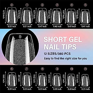 ALIKOSSTOR Short Coffin Nail Tips - Half Matte Soft Gel Nail Tips No Filed, 360PCS Preshaped Clear False Acrylic Gelly Tips for Soak Off Nail Extension DIY Nail Art 12 Sizes