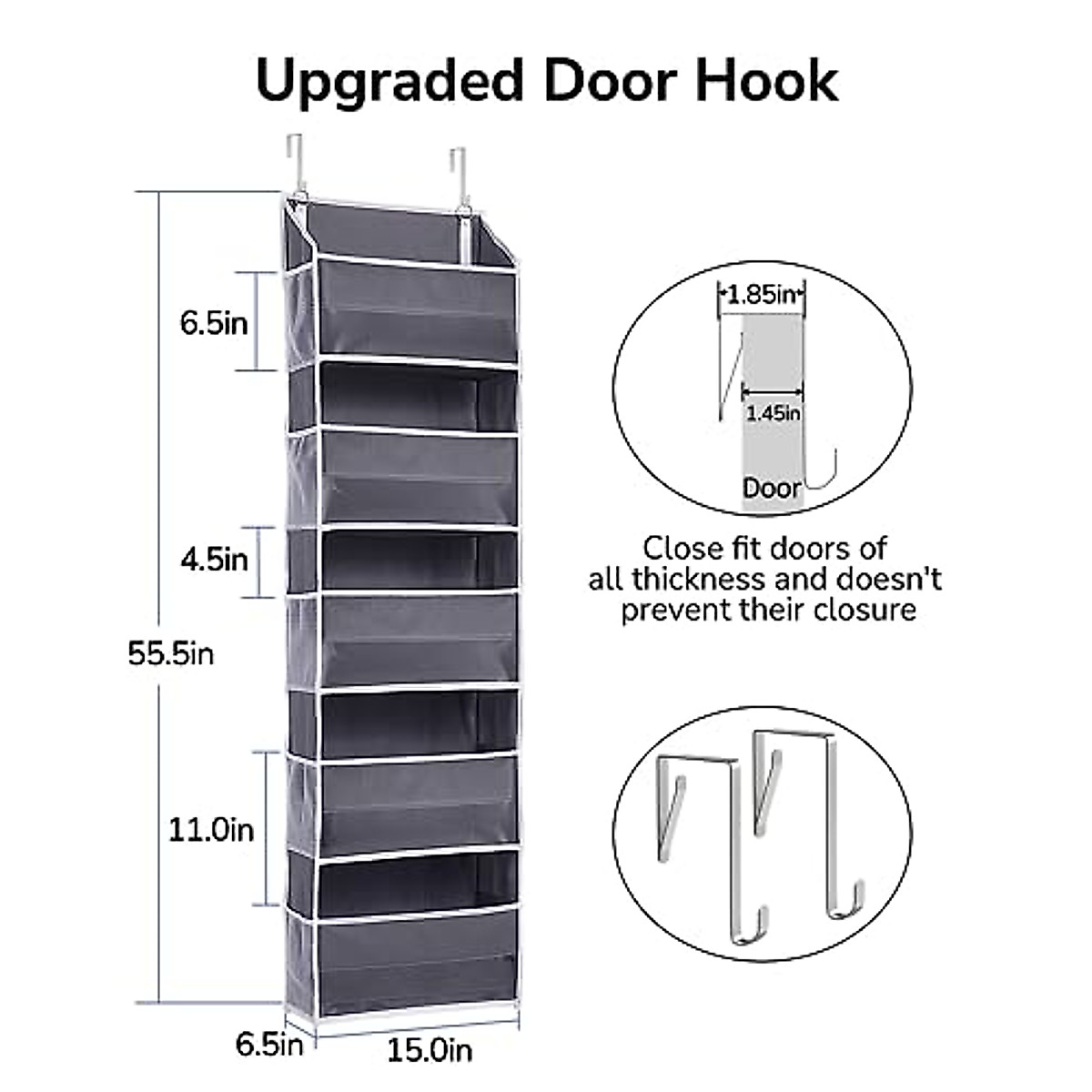 ULG 1 Pack Over Door Organizer with 5 Large Pockets 10 Mesh Side Pockets, 44 lbs Weight Capacity Hanging Storage Organizer with Clear Window Kids Toys, Shoes, Diapers, Dark Grey, 5 Layers