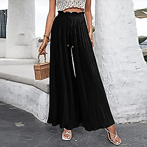 Womens Wide Leg Palazzo Pants High Waisted Lounge Pant Smocked Pleated Loose Casual Pant Suits for Women (Black, XL) X-Large