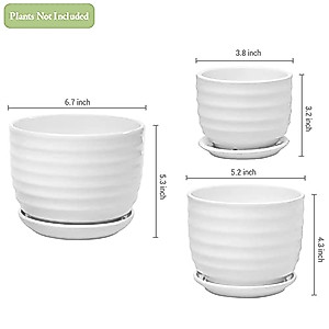 MyGift Modern Ribbed White Ceramic Indoor Plant Pot with Drainage Hole and Attached Saucer, Small Succulent Planter, Set of 3