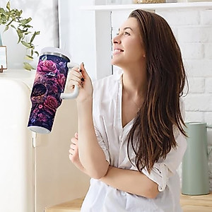 Slewiaeky Tumbler with Handle 40 oz Kawaii Goth Skull Rose Travel Mug with Lid and Straw Stainless Steel Vacuum Insulated Water Bottle Cup for Iced Tea Coffee Cold Beverages Cup Holder Friendly