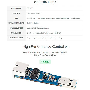 Bicool USB 3.2 Gen1 to Gigabit Ethernet Converter,RTL8153 Controller 101001000Mbps Network Standard, Driver-Free,Plug and Play,Support Multi Systems Win788.110,etc.
