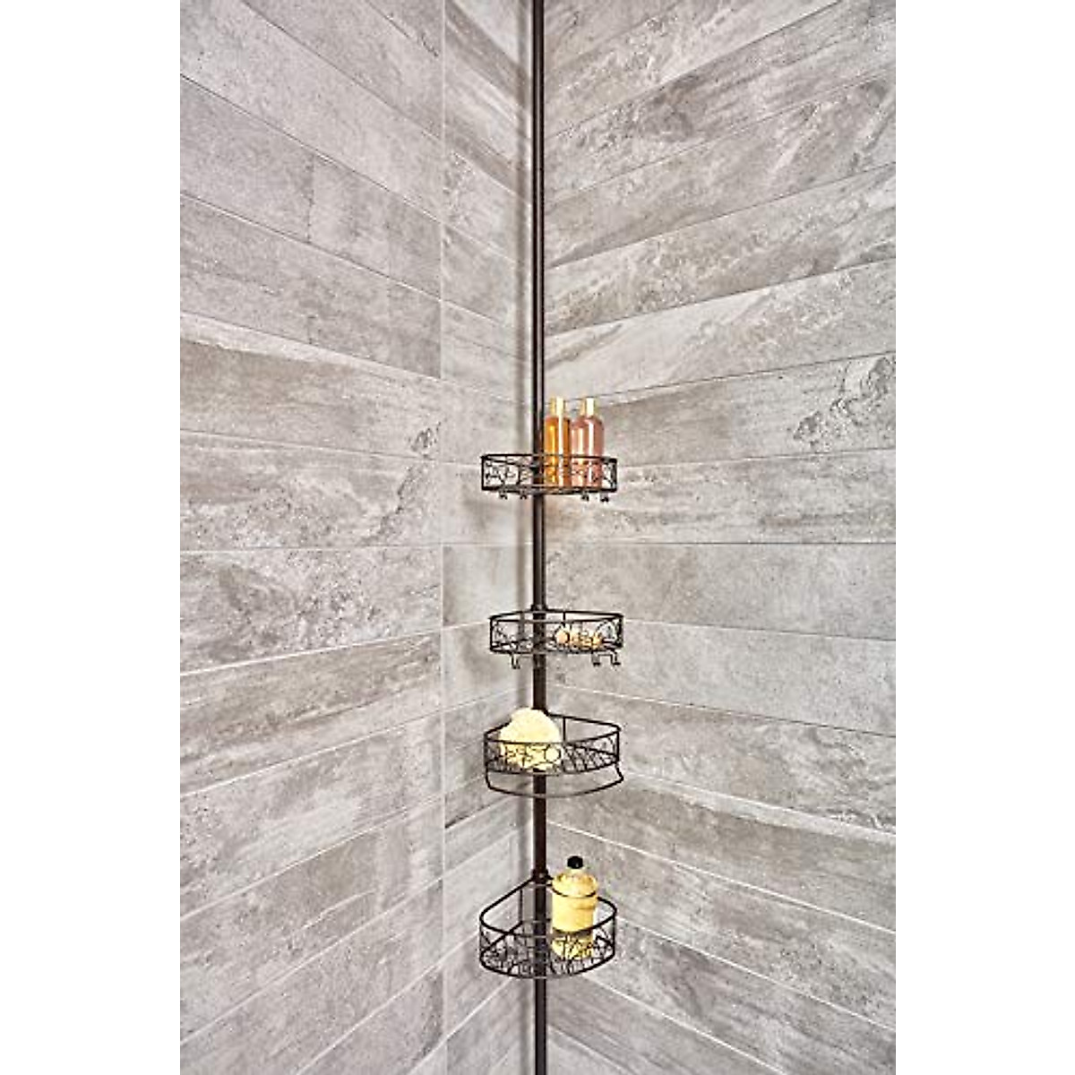 iDesign Twigz Metal Wire Rod Corner Shower, Adjustable 5'-9' Pole and Baskets for Shampoo, Conditioner, Soap with Hooks for Razors, Towels, Tension Caddy