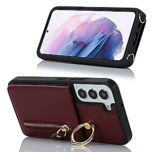 Jaorty Samsung Galaxy S21 5G Phone Case for Women with Card Holder,Crossbody Phone Case for Samsung Galaxy S21 with Strap Lanyard,Credit Card Slots Kickstand Case with Ring Holder,Burgundy