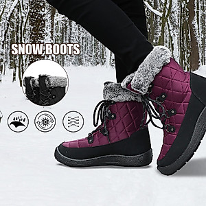 JSWEI Women's Snow Boots Wide Width, Warm Faux Fur Comfortable Winter Boots Lace Up Snow Boot Mid-Calf Wide Boots for Outdoor Red 7.5