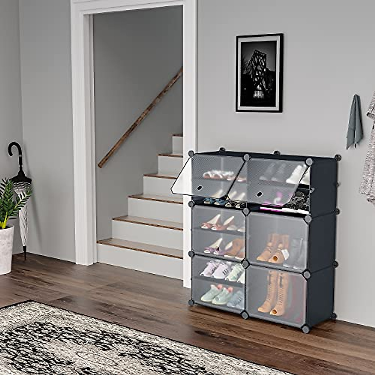 SimpleWise Shoe Rack Organizer Portable Storage Cubes Shoe Storage 6 Cube 12 Tiers DIY FreeStanding Entryway Shoe Rack Storage Plastic Cabinet for Closet Bedroom Hallway, Gray