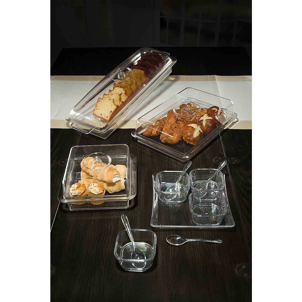 Lillian Tablesettings Clear Premium Acrylic Serving Set With Spoons (7.75" x 7.75" x 1", Pack of 6) - Perfect for Parties, Events, & Dining