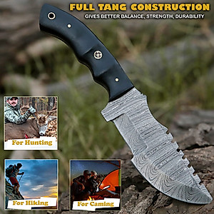 Handmade Tracker Knife Damascus Knife for Hunting Camping - 10 Inch Damascus Steel Hunting Tracker Knife with Horizontal Carry Sheath - Fixed Blade Survival tactical full tang Bushcraft Knife (Black Micarta)