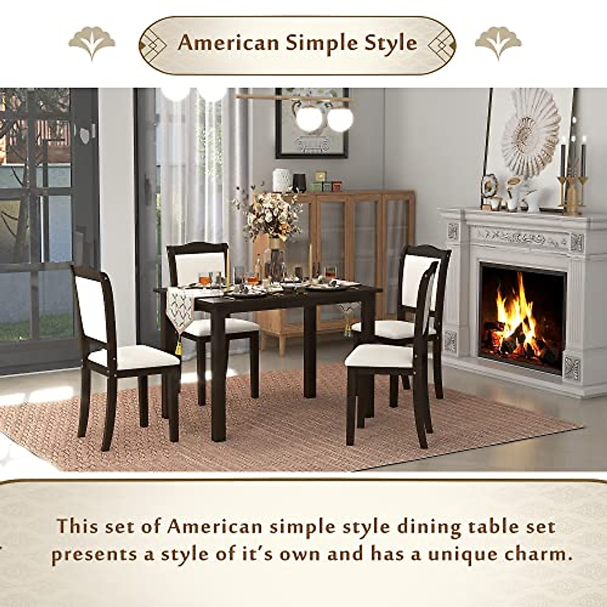 Voohek 5-Piece Dining Room Set, Modern Style Kitchen Furniture, Rectangular Table with 4 Upholstered Chairs Featuring High Backrest, for Space, Espresso+ White