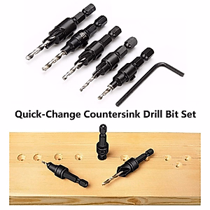Saipe 5pcs Wood Countersink Drill Bit Set Hex Shank Quick Change Counter Sinker Pre Hole Drill Bit Set Screw Counterbore Bit Pilot Bit Set #5, 6, 8, 10, 12 for Woodworking and Carpentry