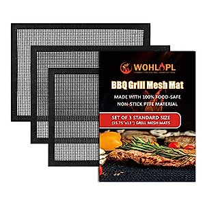 WOHLOPL Grill Mesh Mat, Non Stick BBQ Mesh Grilling Mats for Outdoor Grilling, Pellet Smoker, Gas, Charcoal Grill, Heavy Duty, Reusable, Easy to Clean, 16 x 12 Inch,Set of 3