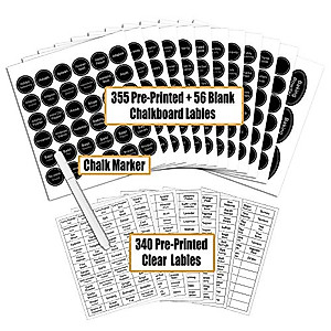 SWOMMOLY 771 Printed Spice Jar Labels with Extra Write-on Labels, Pantry Stickers and Chalk Marker Pen. Chalkboard and Transparent Labels Set