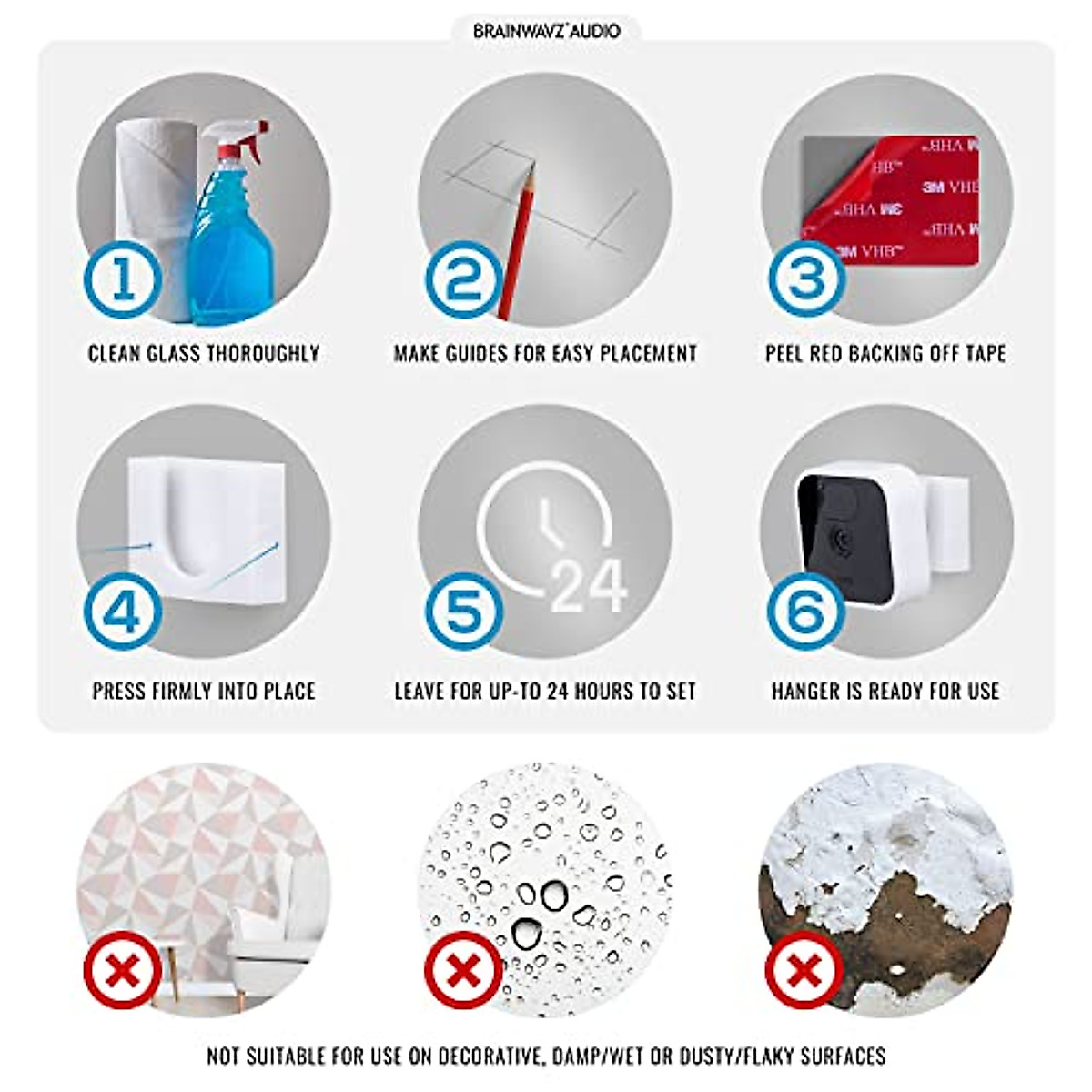 BRAINWAVZ Adhesive Blink Outdoor Indoor Camera Mount, 2 Pack Holder, No Hassle Installation, No Screws, No Mess Bracket Stand, (White)