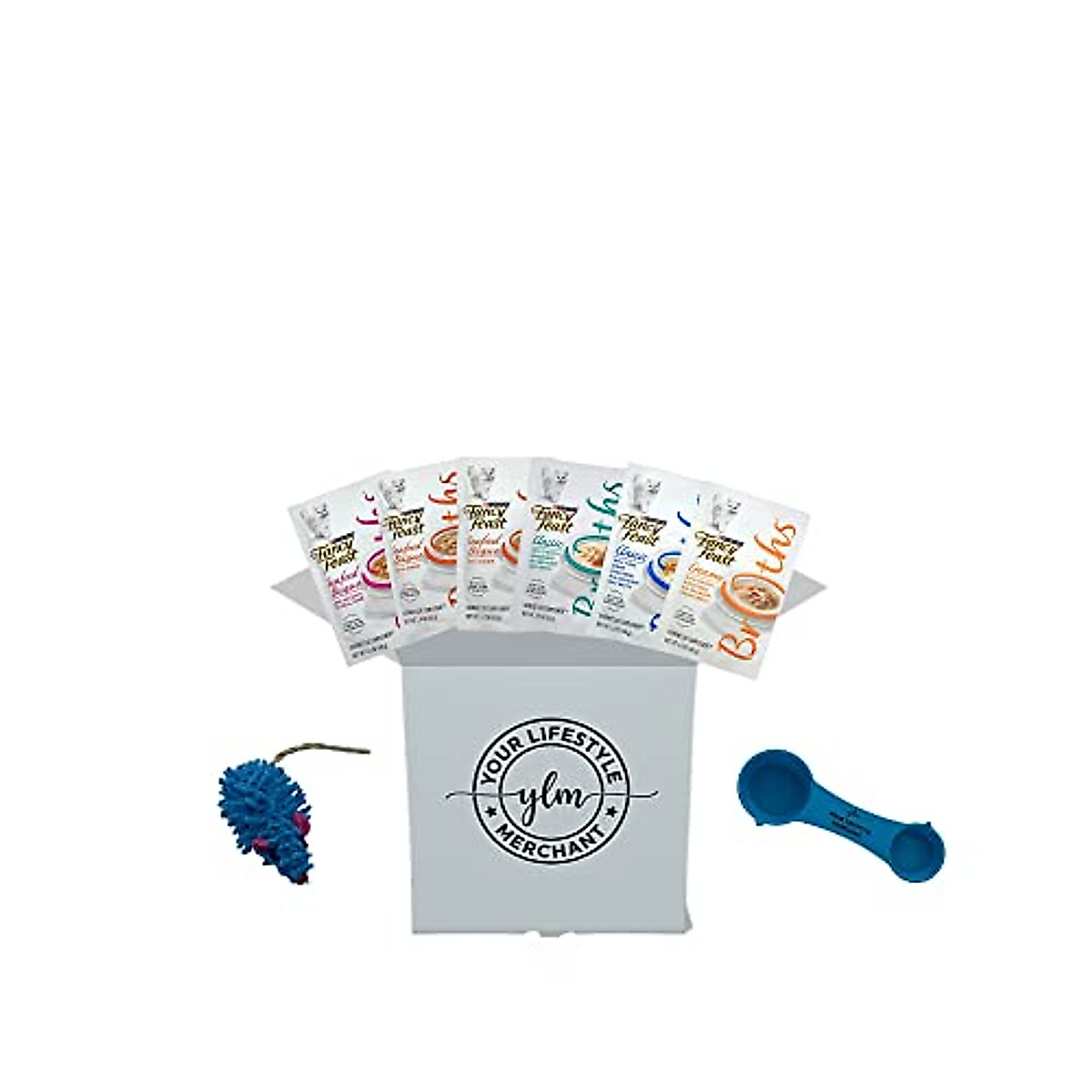 Fancy Feast Broths for Cats Variety Pack Bundle / 12 Pouches Total /2 Cat Nip Mouse Toys & Your Lifestyle Merchant Measuring Spoon