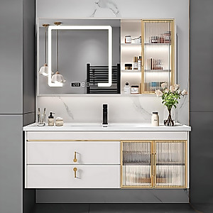 ZGNBSD Floating Bathroom Vanity with Sink - Modern Bathroom Vanity Contains Smart LED Defog Mirror | Solid Wood Freestanding Bathroom Vanity (White, 44'')