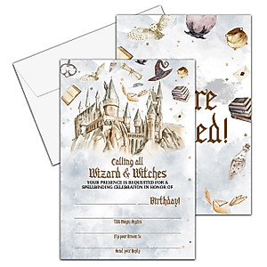 YQV Magical Wizard Birthday Invitations Cards, 4"x 6" Magician Owl Birthday Party Invites with Envelopes for Halloween Party Decorations Supplies (20 Pieces) - A02