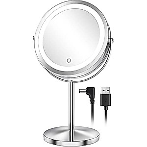 ALHAKIN Lighted Makeup Mirror, 10x Makeup Mirror with Lights, 7 Inch Double Sided Magnifying Vanity Mirror with 3 Color LED Dimmable Desk Lit Cosmetic Mirror, Chrome