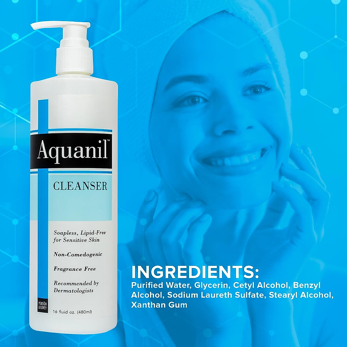 Person & Covey Aquanil Cleanser - Lipid-Free Sensitive Skin Cleanser, Non-Comedogenic Gentle Cleanser - Soap Free Cleanser with 7 Ingredients, Fragrance-Free Skin Care Cleanser - 3 Pack, 16 Fl. Oz.