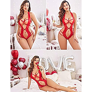 Avidlove Sexy Lingerie Women Deep V Halter Lingerie Teddy One Piece Bodysuit Lace Babydoll lingerie crotchless lace lingerie Red Large