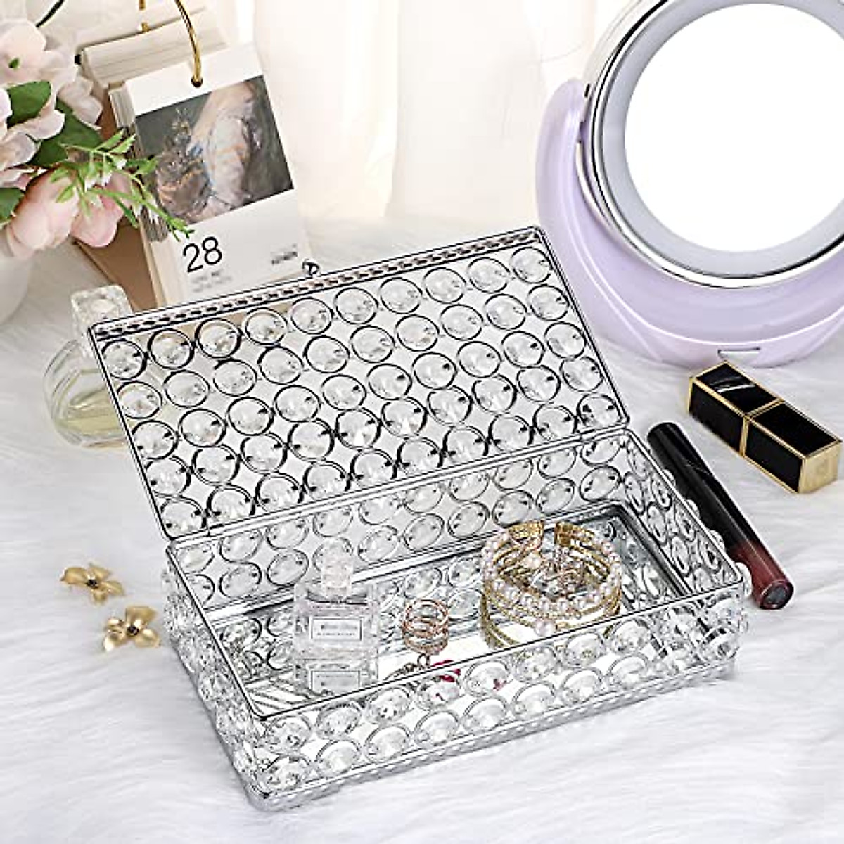 ELLDOO Crystal Jewelry Box Rectangle Trinket Organizer Earrings Rings Box Treasure Box Storage Home Decor Accent Decorative Box with Lid for Valentine Wedding Christmas Birthday Gift, Silver