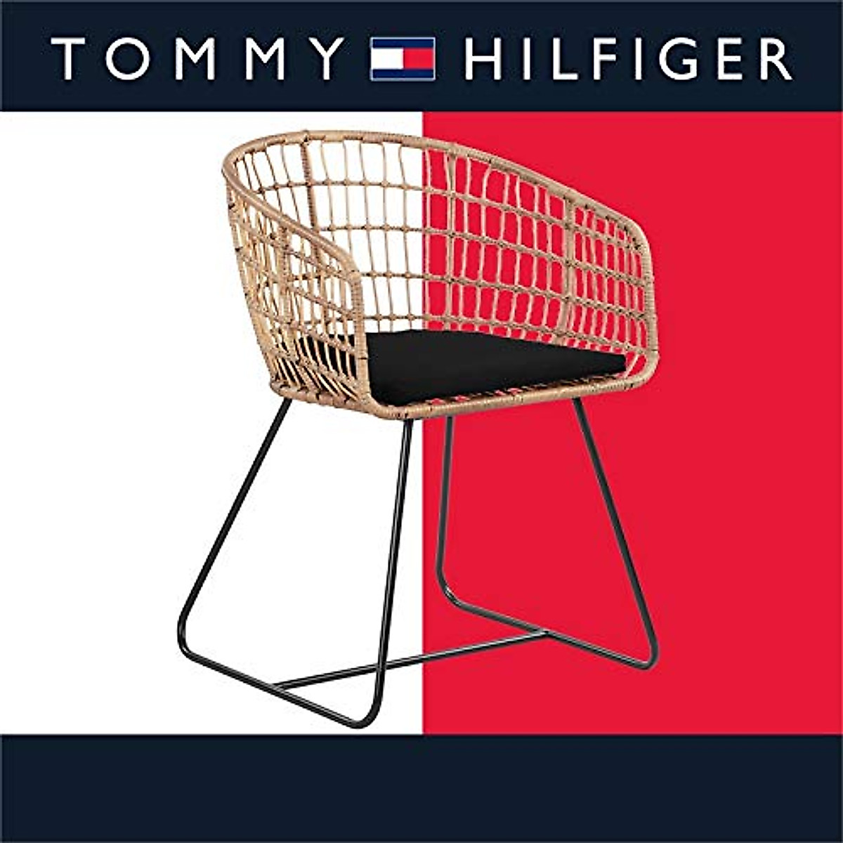 Tommy Hilfiger Graham Rattan Dining Chair, Woven Wicker Armchair with Seat Cushion Black Durable Metal Legs, Boho Modern Accent Lounge Furniture, Natural