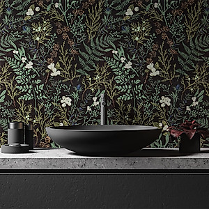 VaryPaper 17.7''x118'' Tropical Moss Leaf Peel and Stick Wallpaper Black Floral Self Adhesive Removable Contact Paper Decorative for Bedroom Walls Cabinets Shelves
