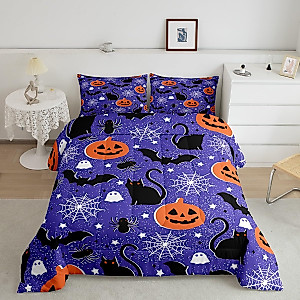 Feelyou Happy Halloween Full Size Bedding Set Decoration Pumpkin Lantern Comforter Set for Kids Boys Girls Spooky Cat Bat Duvet Set Purple Quilt Set Soft and Lightweight