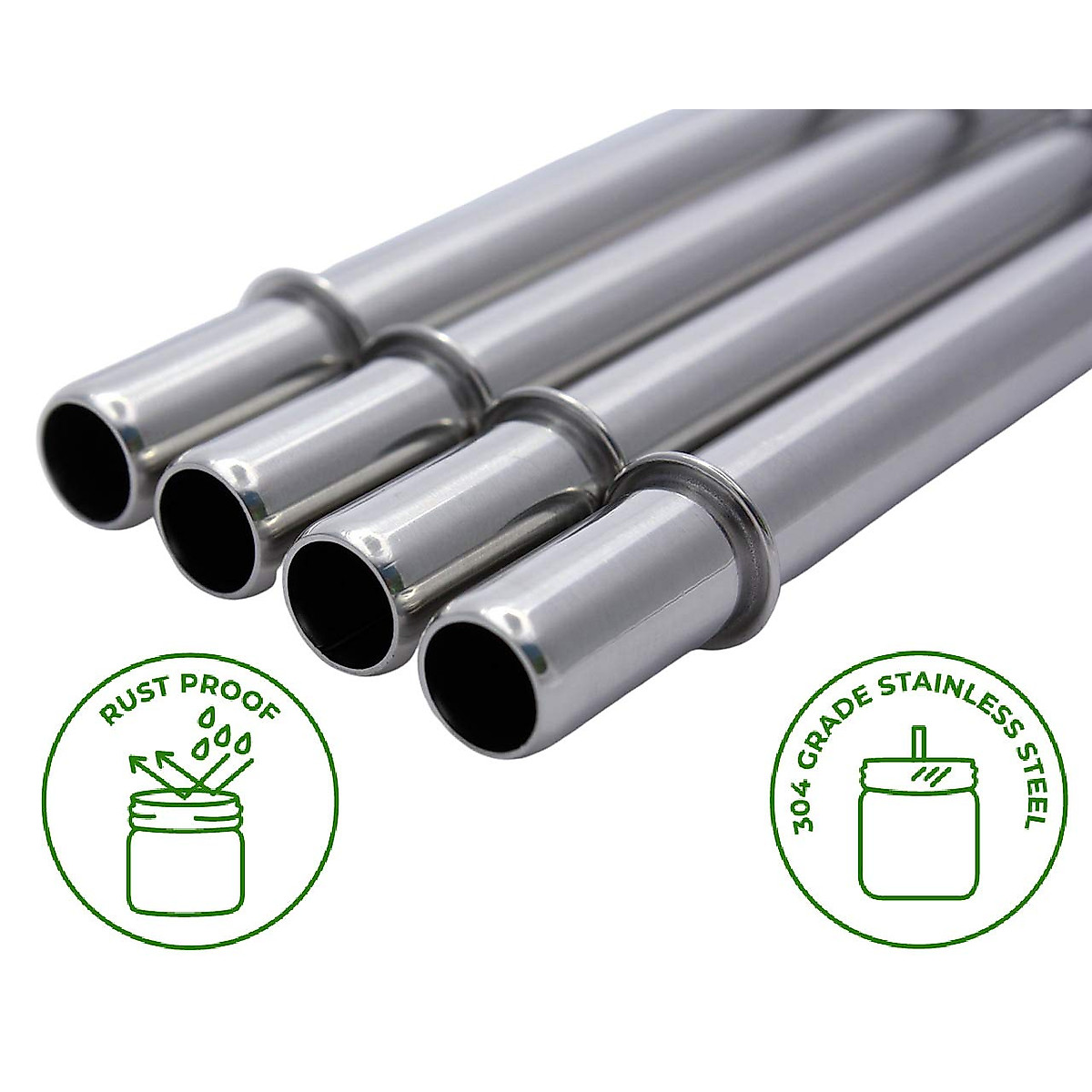 Long Safer Rounded End Stainless Steel Metal Straws for Large Cups, Tall Glasses, or Quart Mason Jars (4 Pack + Cleaning Brush + Bag)