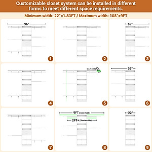 Besiost Closet System - 4.75-8FT Closet Organizer System with Wooden Drawers & Cube Storage Organizer, Up To 96" Closet Systems for Nursery & Walk-In Closets with Cuttable Hanging Shelving, White