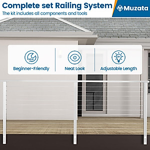 Muzata 6'6"-13' Side Mount Complete Kit Cable Railing System 36" Brushed Cable Railing Post with Cable Rail Handrail Super Easy Length Adjustable Deck Railing for Level Section RCF2 LH4S