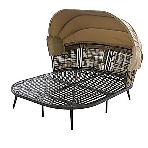 EOVTK Patio Daybed Double Chaise Lounge with Retractable Canopy, Cushions and Metal Frame, Outdoor PE Wicker Back Loveseat Sofa Set for Backyard, Poolside, Garden, Brown