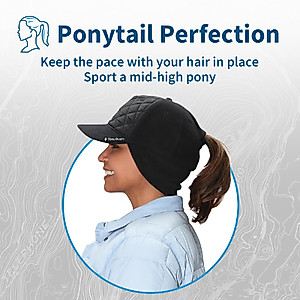 TrailHeads Women's Winter Ponytail Hat | Trucker Hat with Drop Down Ear Warmers | Quilted Hat - Black