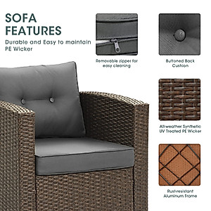 MAXXPRIME 3-Piece Patio Furniture, Wicker Sectional with Ergonomic Design, Lightweight Aluminum Frame, All-Weather Wicker Rattan, Non-Slip Cushions, Brown Wicker and Dark Grey Cushion